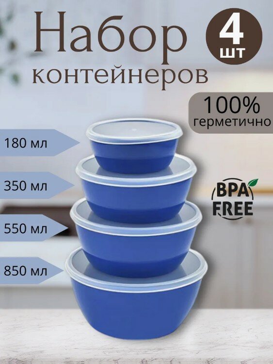 Набор контейнеров 4 шт. с крышками. Салатник для дома. Чаша для салата, синие