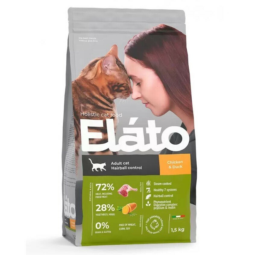 Elato_ Сухой корм Elato Holistic для кошек с курицей и уткой для выведения шерсти, 1,5кг 1.5 кг