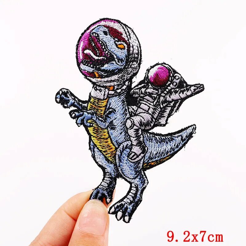 Нашивка динозавр космонавт, 9.2x7см, серебряный, PE6126CT