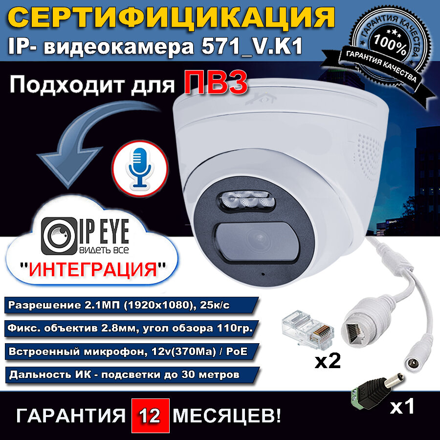 IP- видеокамера 571_V. K1 с разъемами, купольная