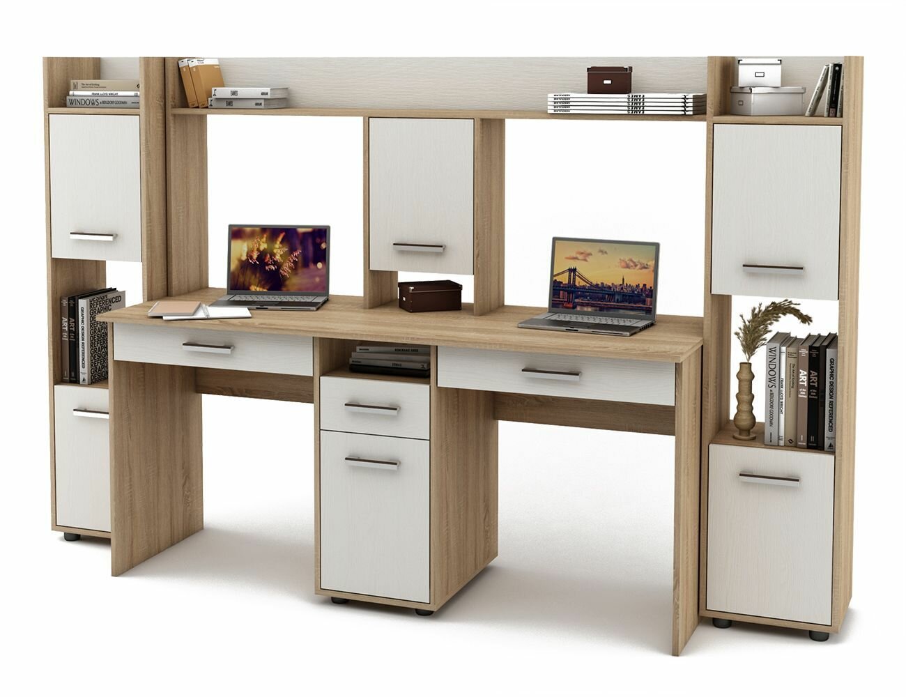 Стол письменный для двоих со стеллажами Остин (Ливерпуль) 15 дуб сонома/белое дерево