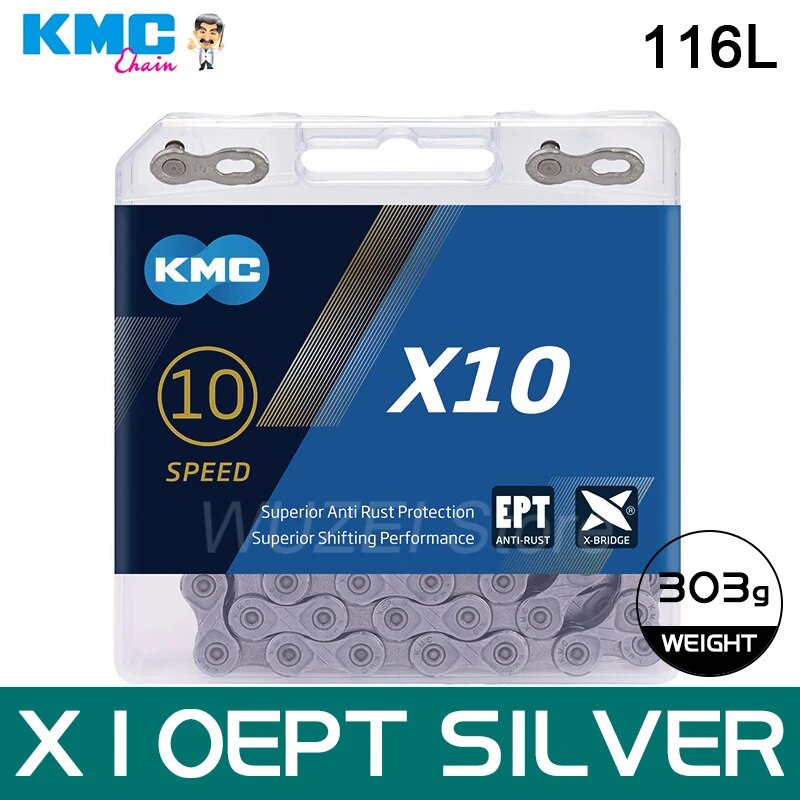 Цепь для велосипеда KMC X10 10 скоростей Серебряный, X10EPT 116L Silver