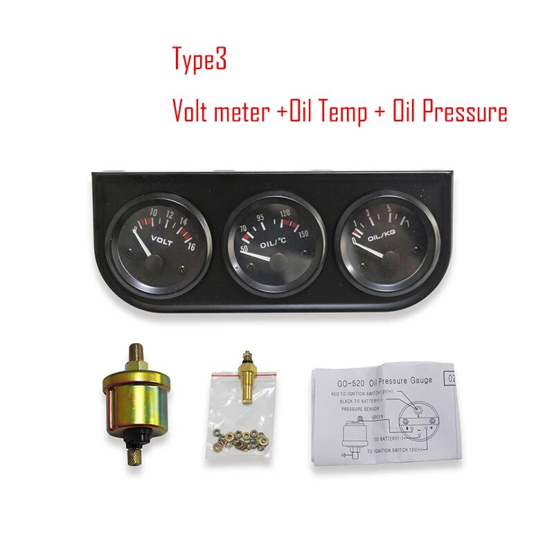 52 мм тройной комплект датчик температуры масла + Датчик температуры воды + Датчик давления масла с датчиком 3 в 1 Автомобильный Измеритель + Вольтметр Type3