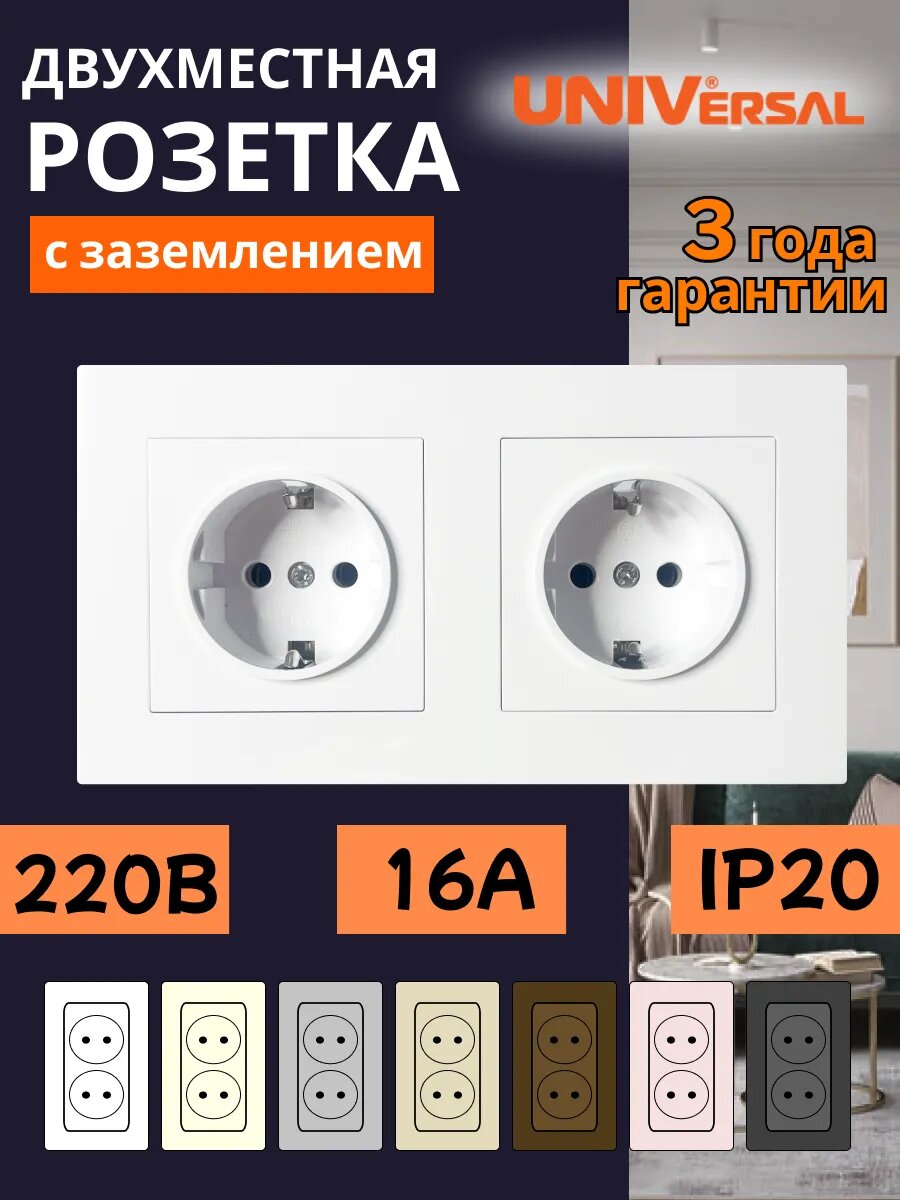 Розетка двойная внутренняя с заземлением