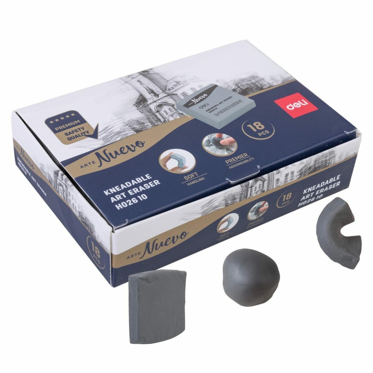 Ластик-клячка Deli Artenuevo EH02610 (ПВХ, 42x42x12мм), 18шт.