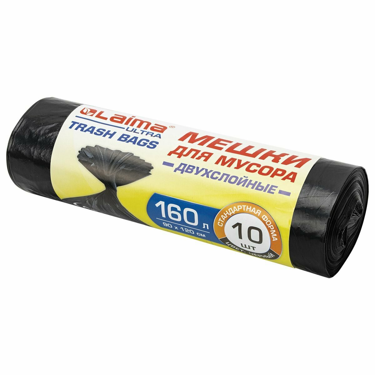 Пакеты для мусора 160л, Лайма Ultra (90х120см, 30мкм, черные) ПВД, 10шт. в рулоне, 4 уп. (607694)