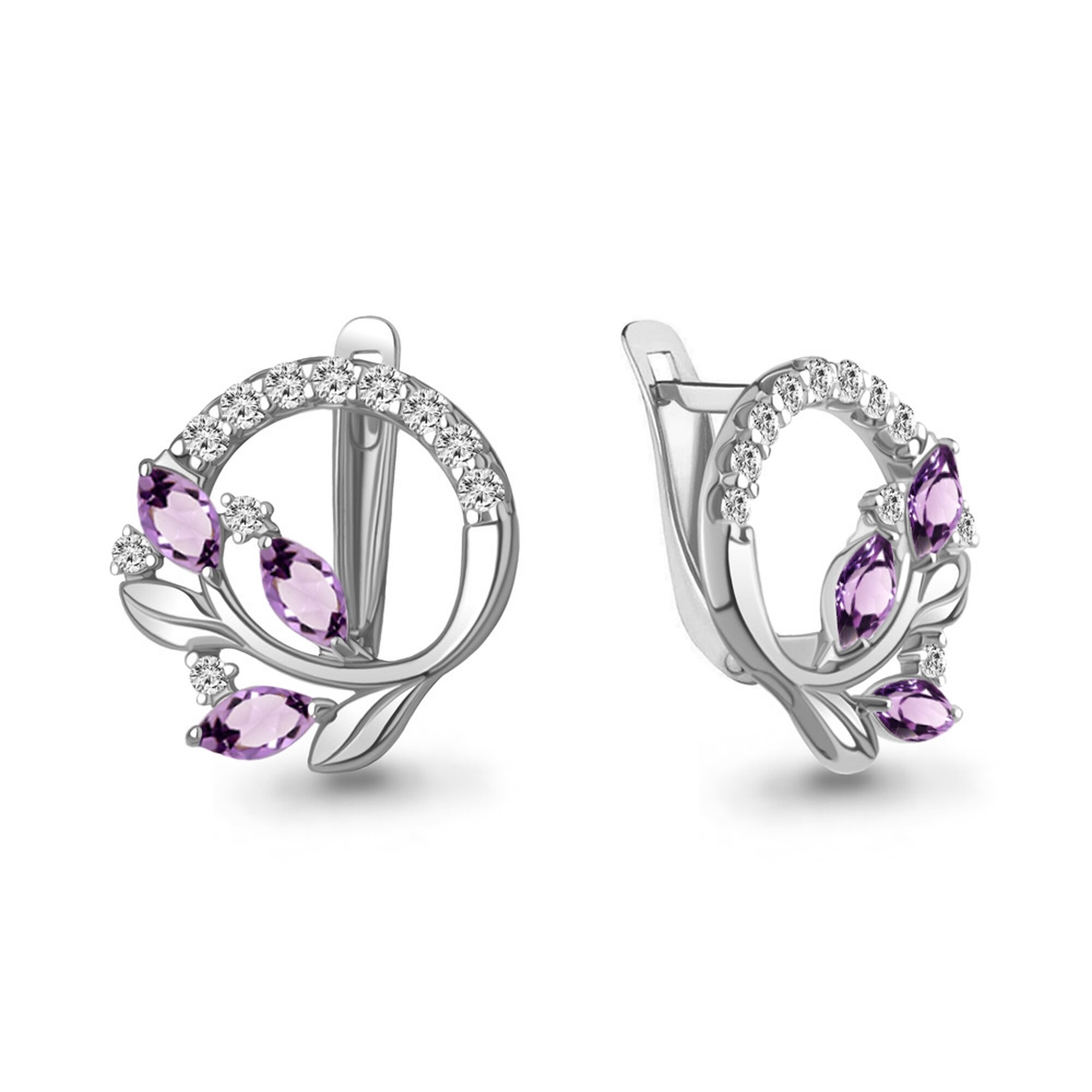 Серьги, серебро, 925 проба, родирование, фианит, аметист