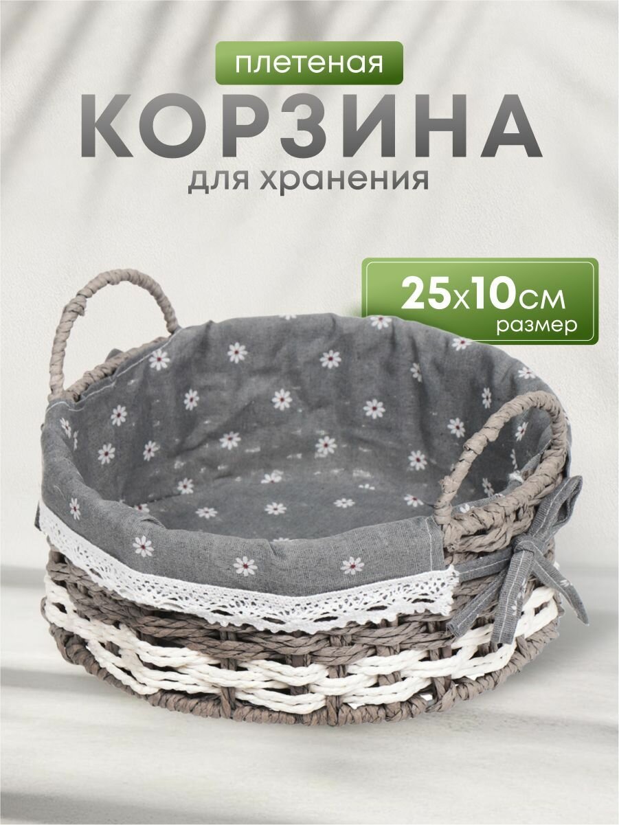 Корзина 25х10 см, круглая, плетеная, с металлическим каркасом и текстильной вставкой, с ручками