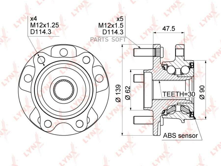 LYNXAUTO WH-1013 Ступица передняя в сборе с ABS TOYOTA Auris(E150/E180) 2.0D-2.2D 07> / Avensis(T27) 2.0D-2.2D 09> / ()