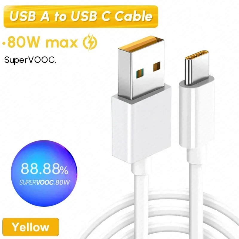 Оригинальный кабель OPPO Usb C Super vooc 80 Вт 65 Вт Fast Charge OPPO Find X5 X3 X2 X Pro Lite Neo N2 Flip Reno 10 8 6 5 A78 Шнур типа C 2 м, 80W a to c (Yellow)