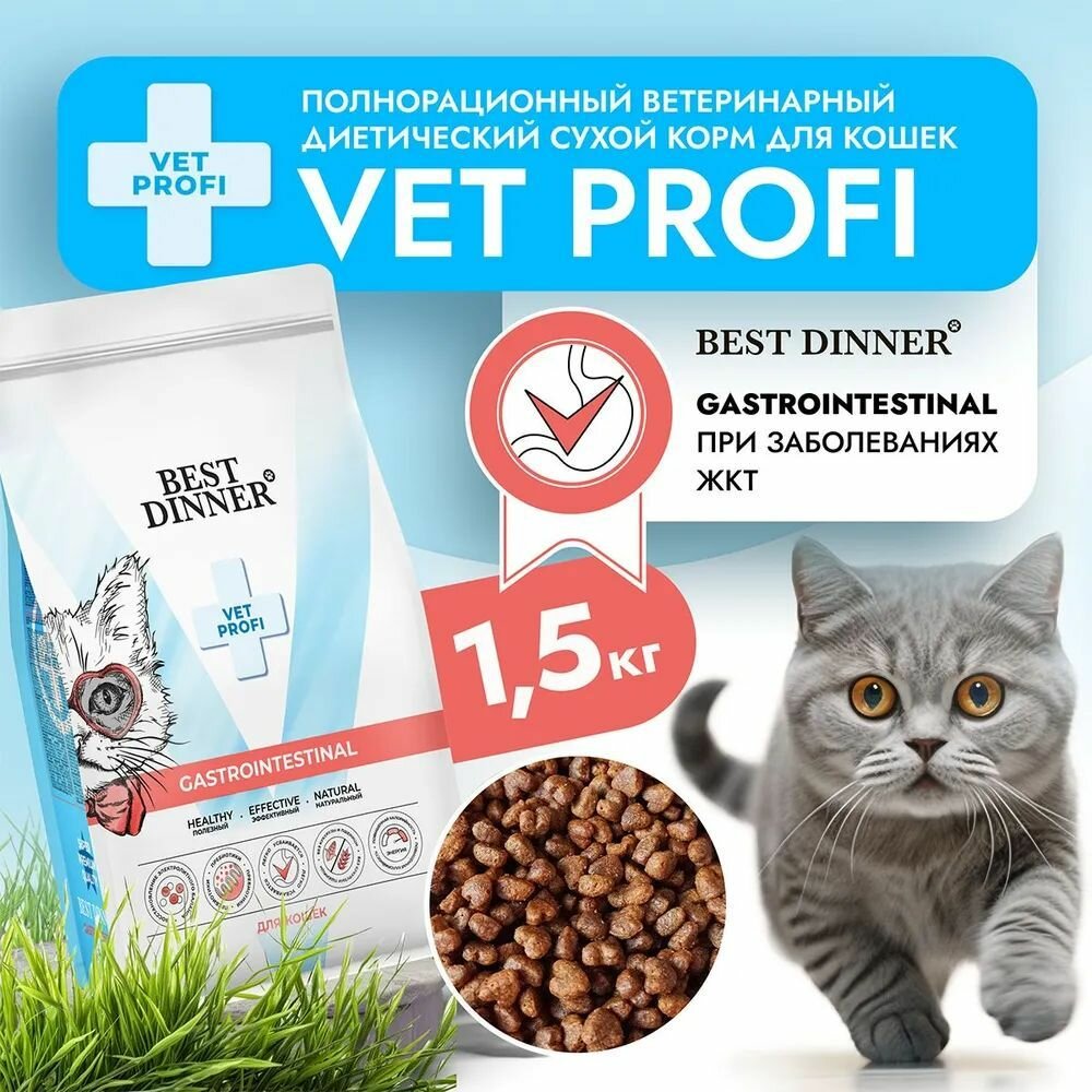 Корм сухой Best Dinner (Бест Диннер) диетический супер премиум класса Vet Profi Gastro Intestinal для кошек любых пород при чувствительном пищеварении, 1,5 кг, срок 19.05.26