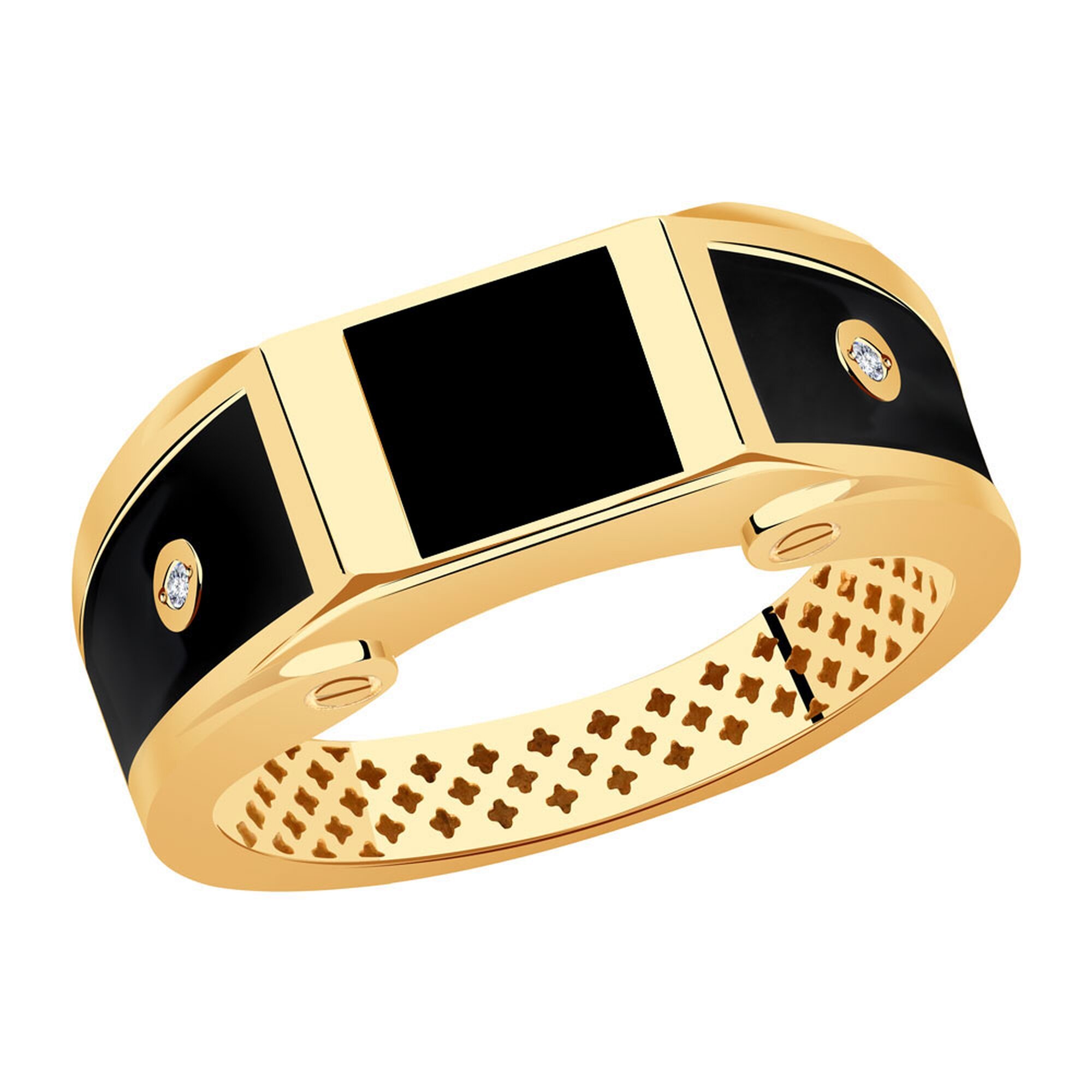 Печатка, красное золото, 585 проба, эмаль, фианит, оникс