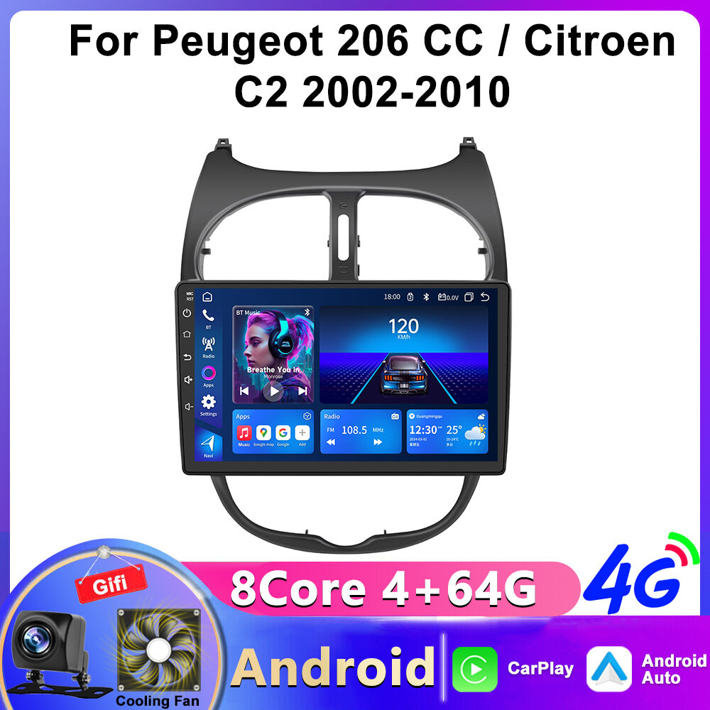 Штатная магнитола Peugeot 206 1998-2012, Android(8 ядер 4/64 GB, GPS, DSP) Магнитола Peugeot 206