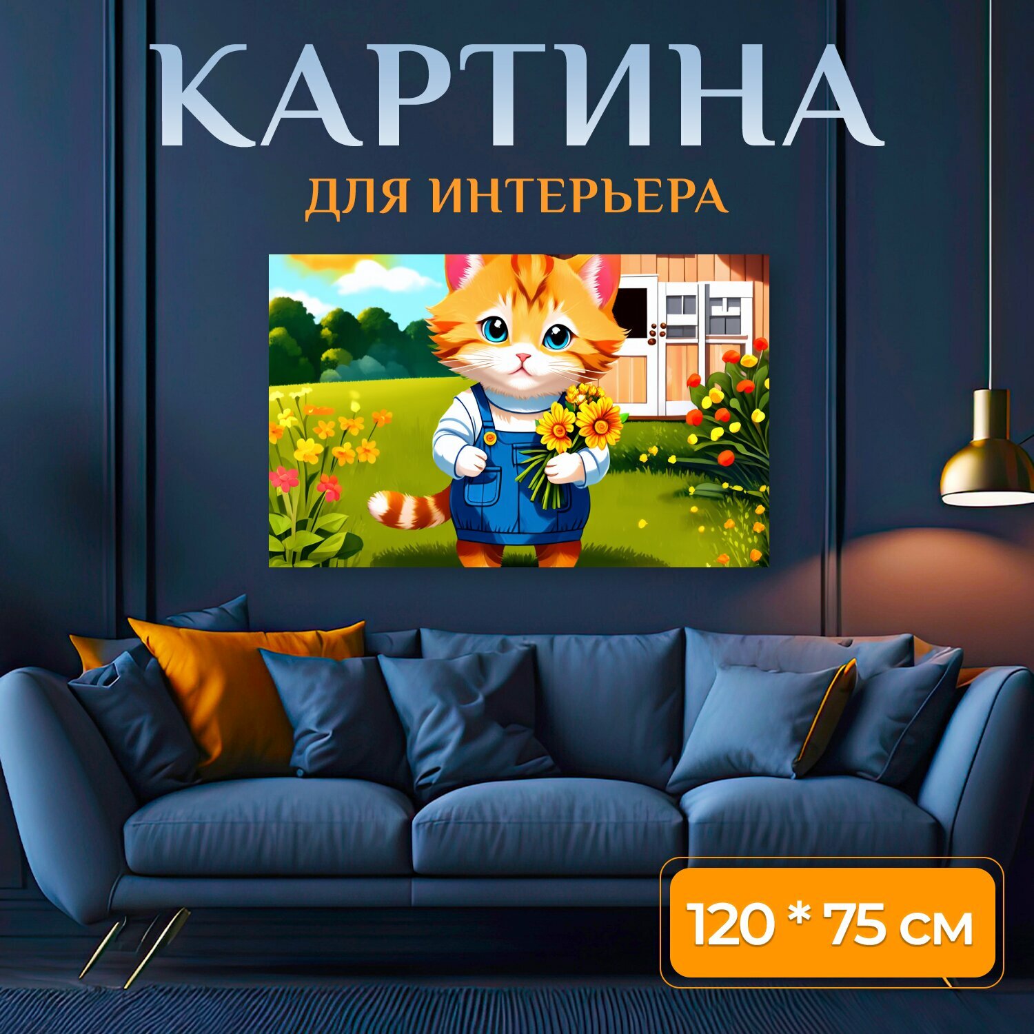 Картина на холсте "Стиль детская иллюстрация, Кот с рыжей шерстью в садоводческой одежде, стоит на фоне симпатичной дачи. Он дачник, он держит." на подрамнике 120х75 см. для интерьера