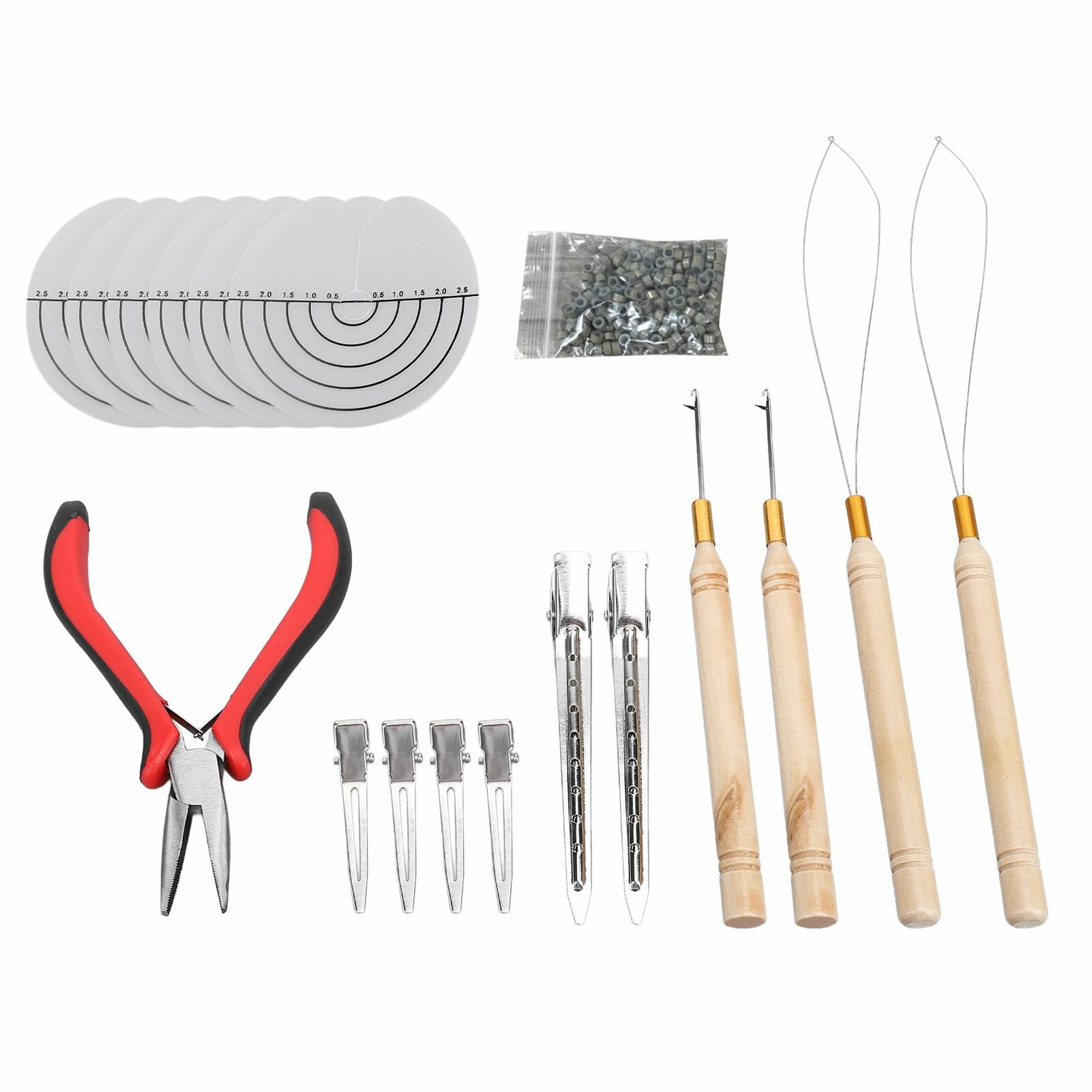 Набор инструментов для наращивания волос: Плоскогубцы с изогнутыми прищепками, крючки и силиконовые кольца