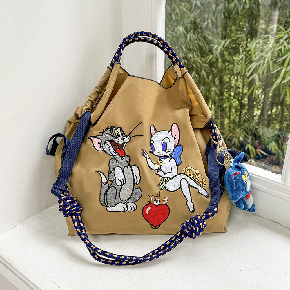 Кошка и мышь подлинные авторизованные вышитые сумки для торговых покупок для женщин мультфильм мода экологически чистая повседневная портативная дорожная сумка для плеча модность