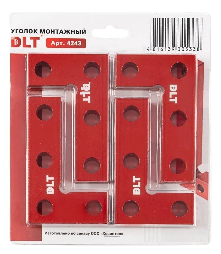 Угольник строительный DLT / ДЛТ монтажный, с двусторонней шкалой, из алюминия, красный, размером 80×49х15мм, в упаковке 4шт. / инструменты