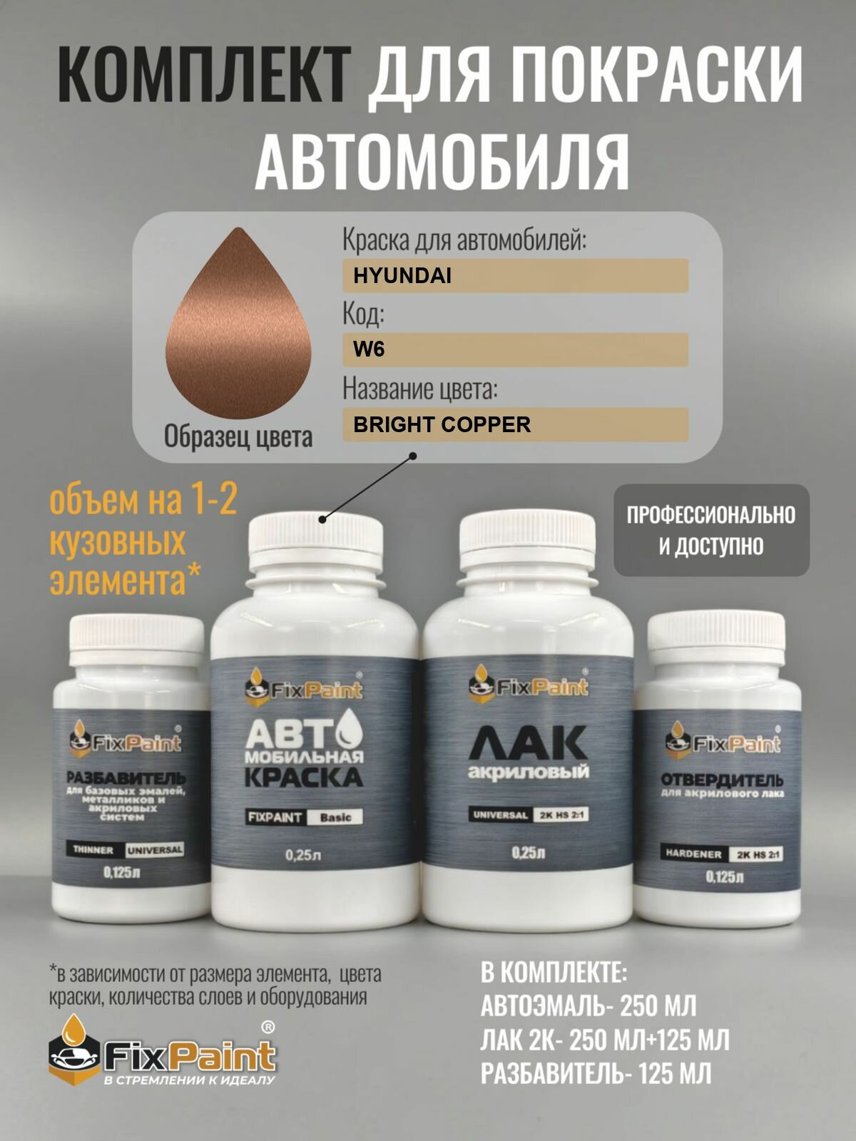 Комплект для покраски HYUNDAI, код W6, BRIGHT COPPER, базовая автомобильная эмаль 250 мл, лак 2K 250 мл с отвердителем, разбавитель 125 мл, FixPaint Pro