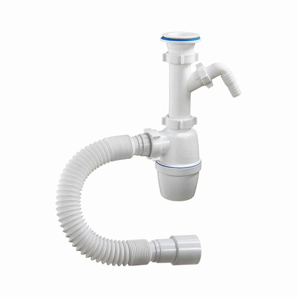 Сифон Orio А-70059 для мойки бутылочный с отводом и гибкой трубой пластиковый 1 1/2", 40х40/50 мм