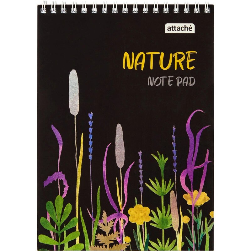 Блокнот А5 60л Attache Nature Black flowers клет,65г,100%, греб, карт, ВД-лак