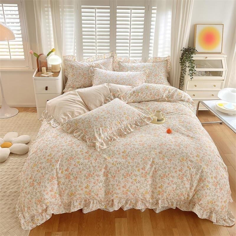 INS корейского стиля с винтажным цветочным принтом, 100% хлопок, комплект постельного белья из 4 предметов，200*230cm