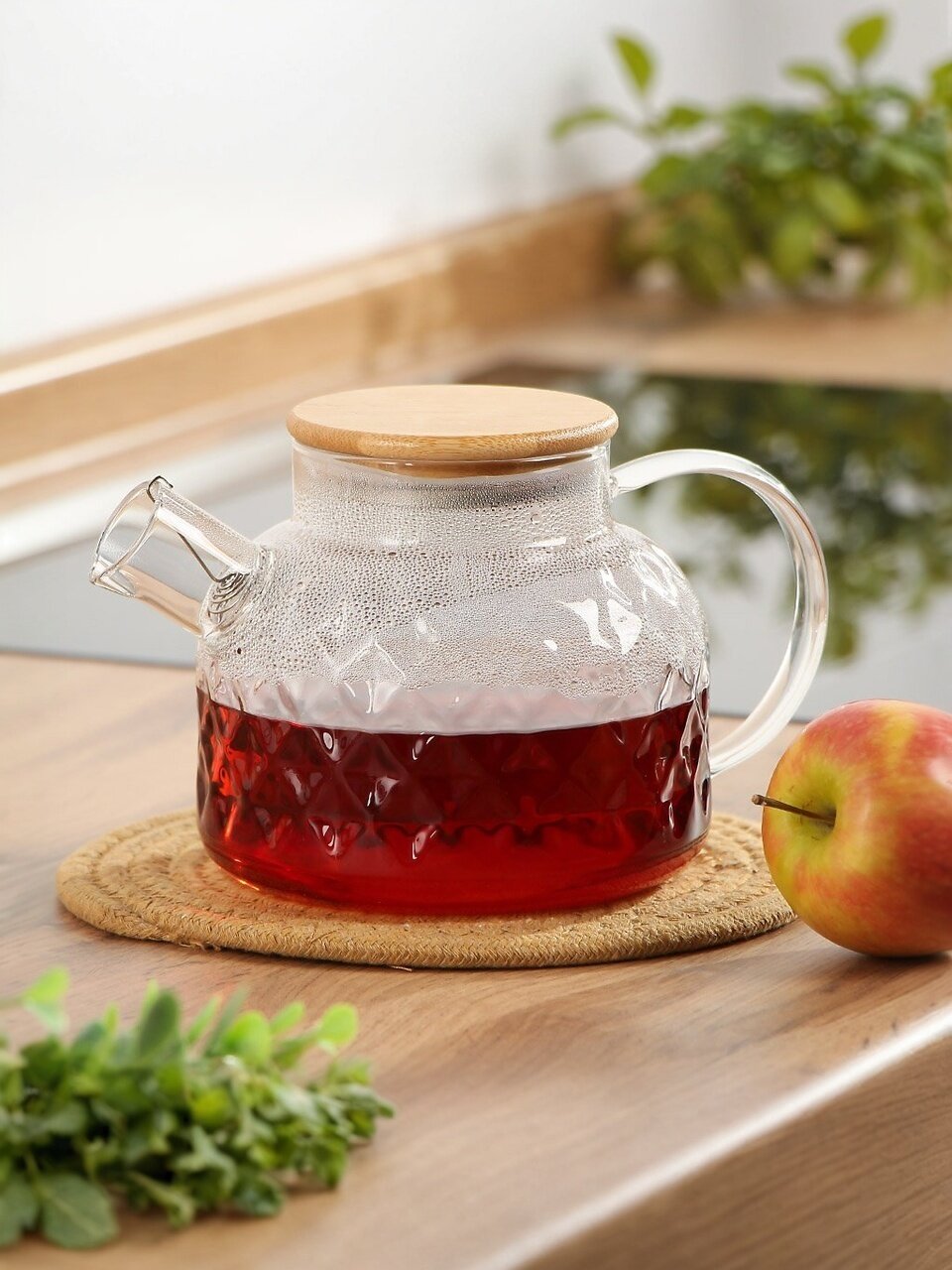 Daniks B050190 стеклянный заварочный чайник 1 л с фильтром, современный рельефный дизайн, термостойкое боросиликатное стекло