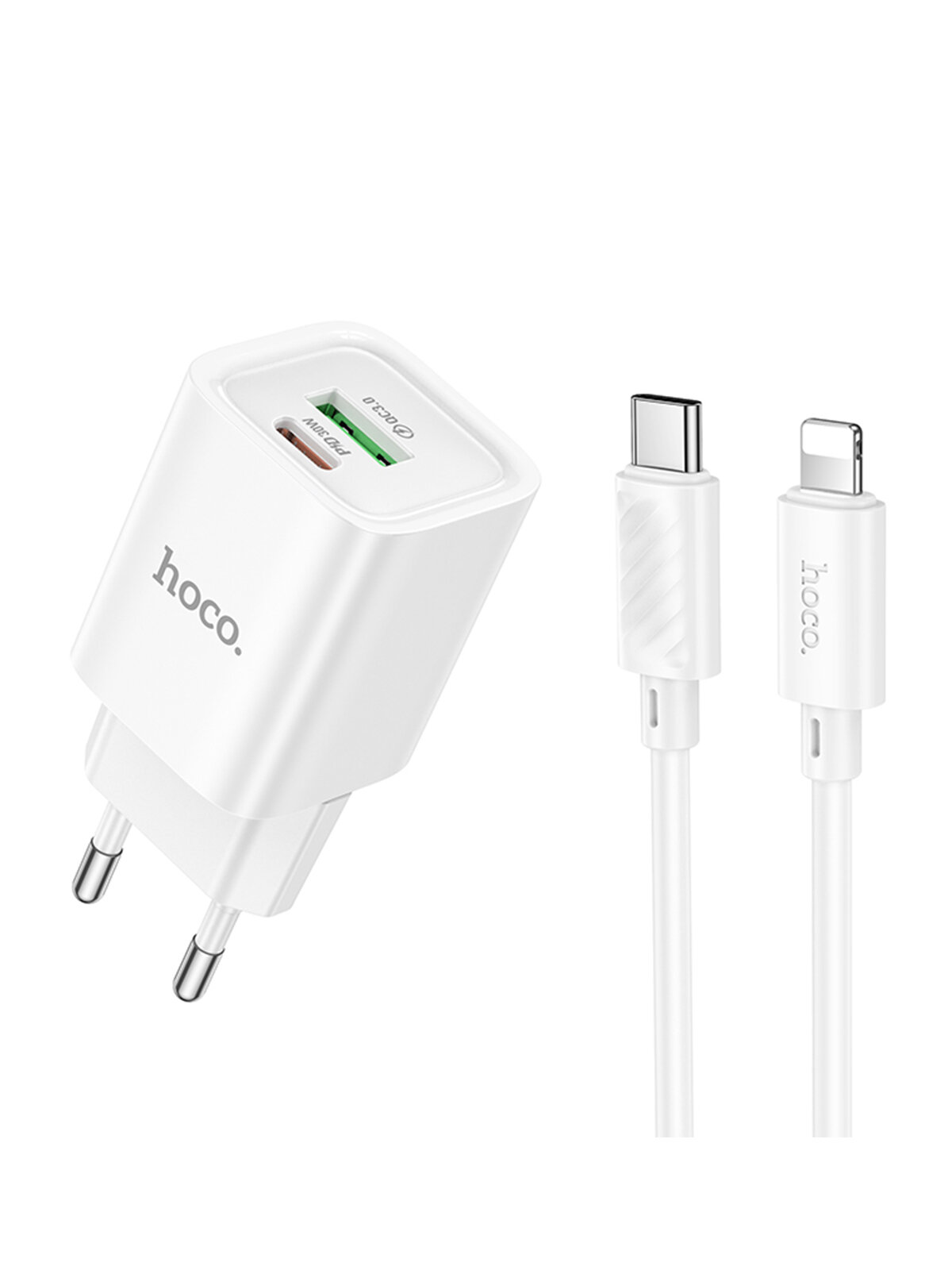 Сетевое зарядное устройство Hoco C149A с двумя портами USB-C/USB-A, быстрая зарядка 30W, с кабелем Lightning 1м, белый