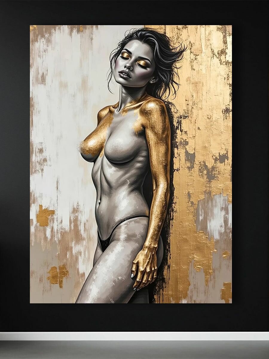 Картина на холсте - "Голые девушки в черных и золотых тонах, эротика" , 30х40 см.