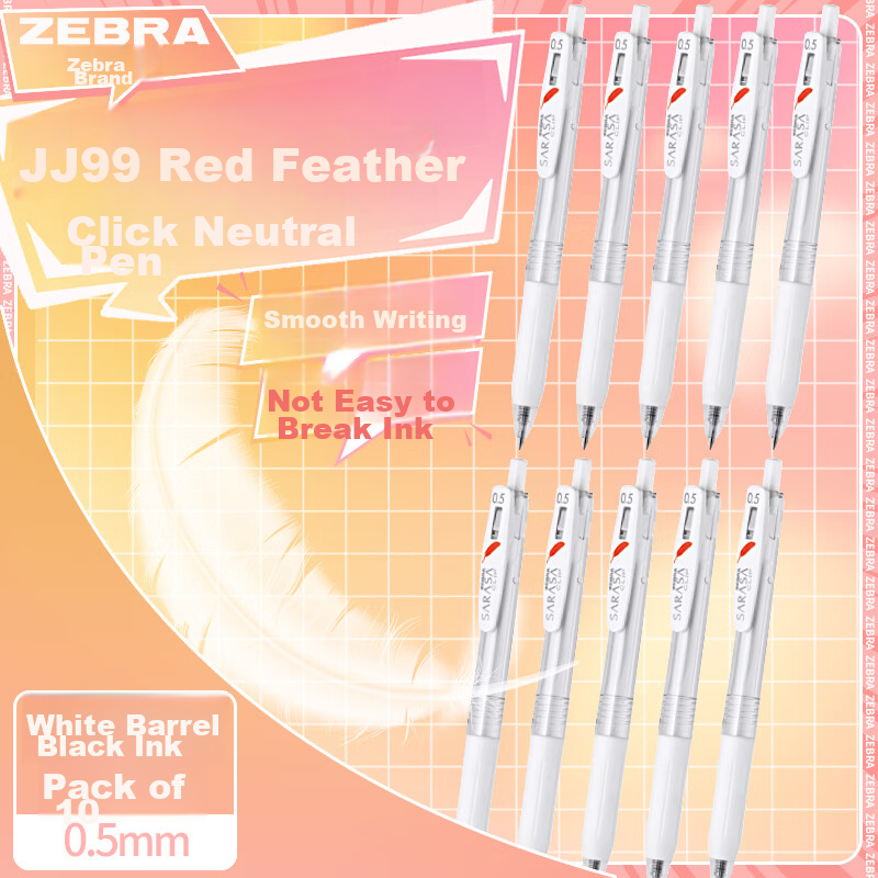 ZEBRA JJ99 Red Feather Retractable Gel Pen, 0.5mm Bullet Tip Signing Pen, Student Note-Taking And Exam-Preparation Pen, Office Black Pen, White Barrel with Black Ink, Pack of 10