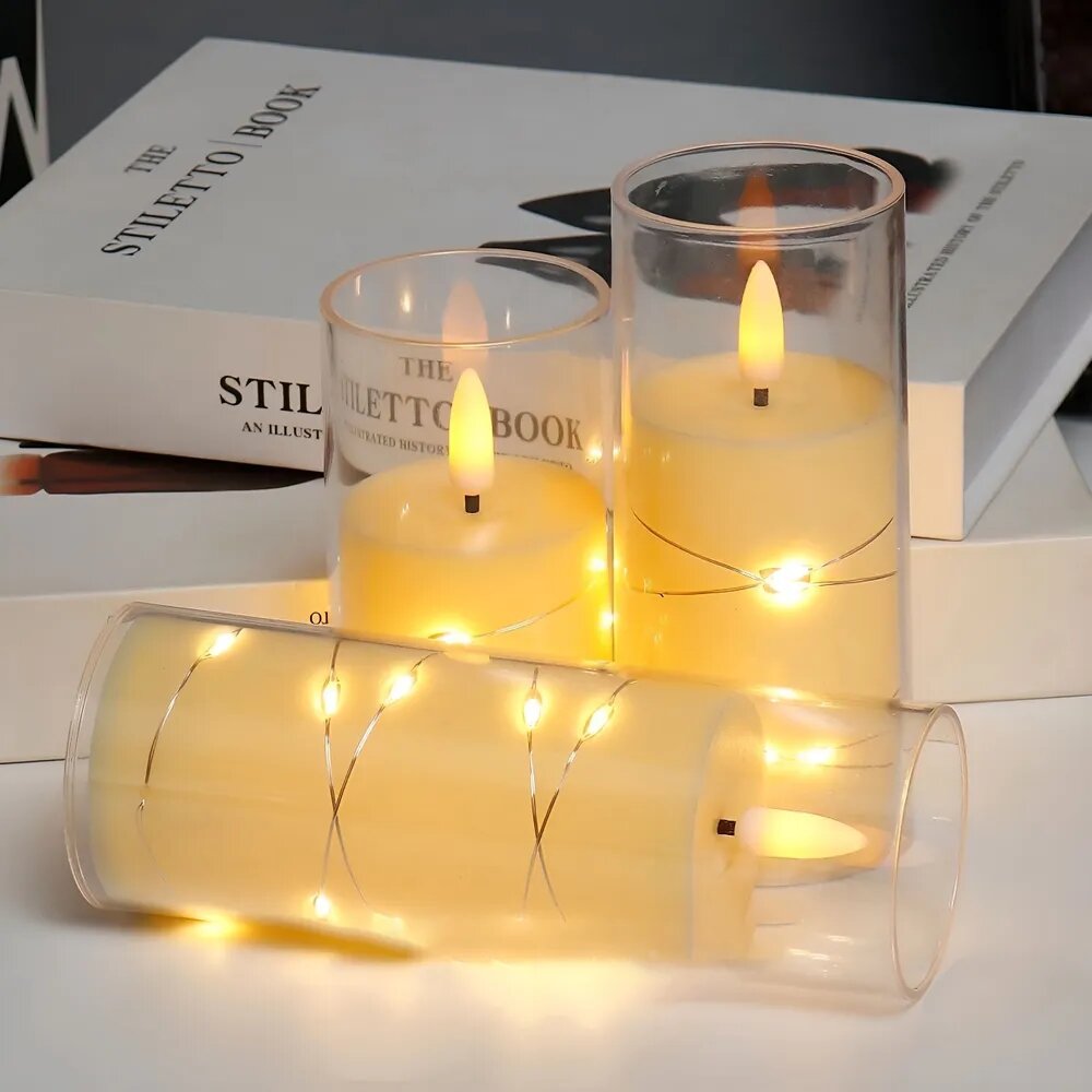 Украшение настольное интерьерное, набор из 3 свечей, стеклянные, с LED подсветкой, Q027 — фото 1