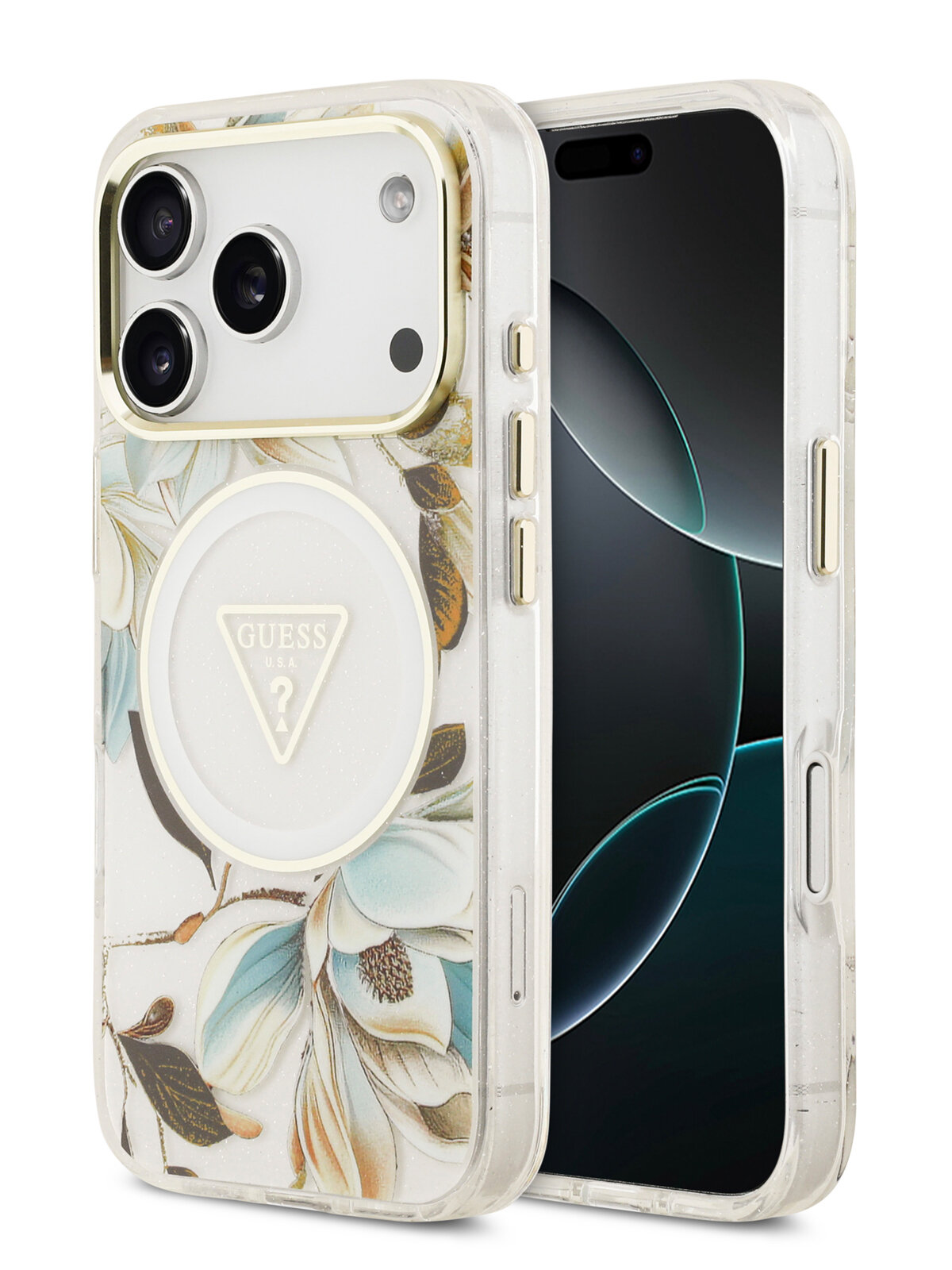 Чехол Guess на iPhone 17 Pro, с магнитами MagSafe, с принтом IML, с напылением из блесток, белый