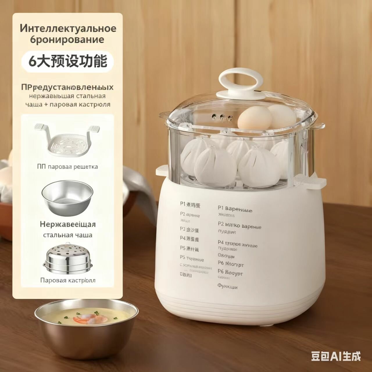 Пароварка для яиц, пластиковая, бежевого цвета, с контейнером и крышкой, трехслойная, smart reservation