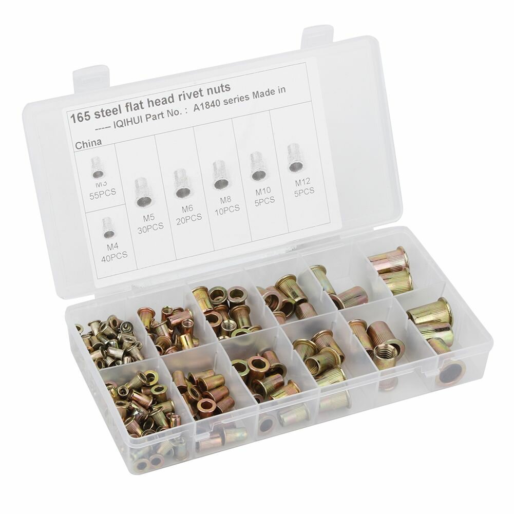 Набор вытяжных гаек из углеродистой стали M3-M12, 165 шт в боксе