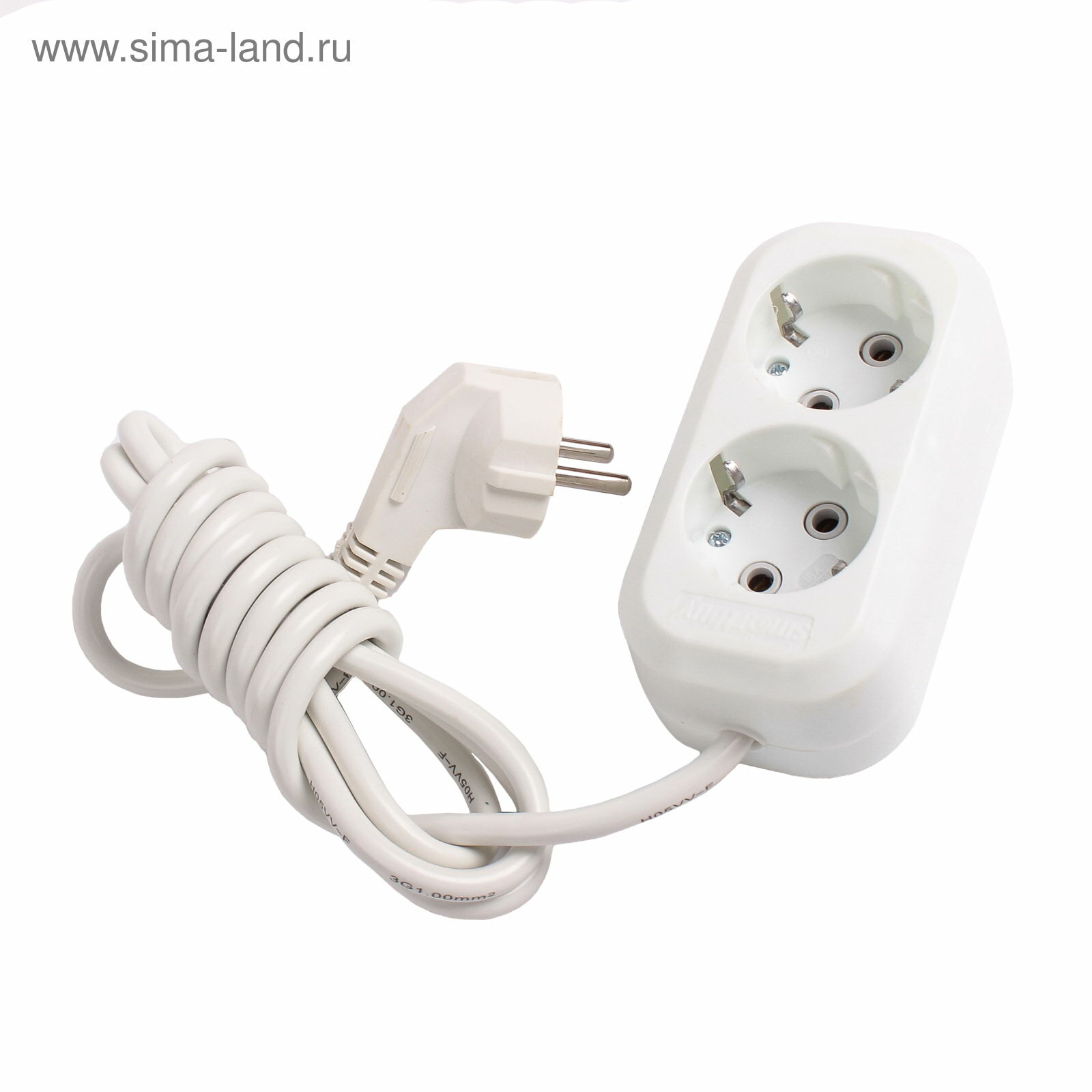 Удлинитель 2 розетки, 2 м, 16 А, 3500 Вт, ПВС 3x1 мм2, с заземлением, белый
