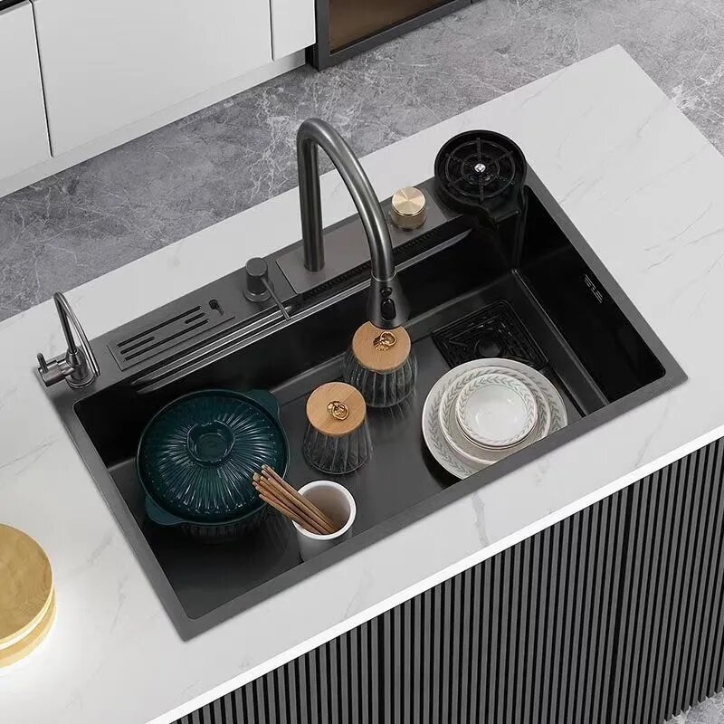 Многофункциональная нано-раковина 75*45 см/выдвижной смеситель с водопадом "Летящий дождь"/очищающий смеситель/мойка для чашек