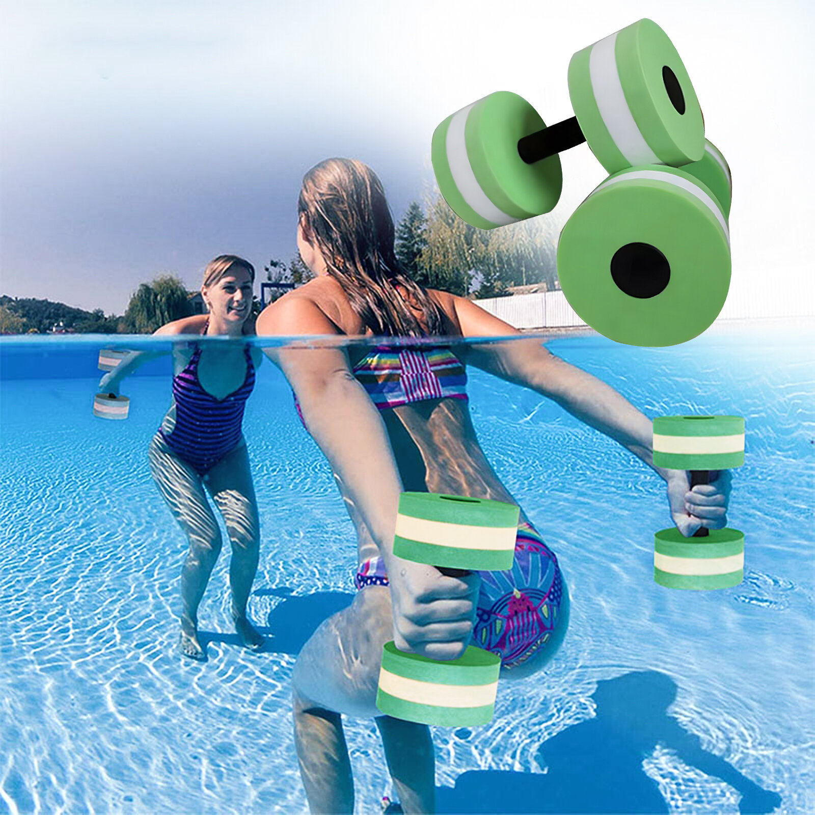 Набор гантелей, 2 штуки Водные гантели Резистентное водное фитнес-оборудование Пена Гантели Водный аэробика Фитнес-оборудование для похудения Материал: EVA Цвет: Зеленый Размер: 30×27×15 см Вес: 430 г