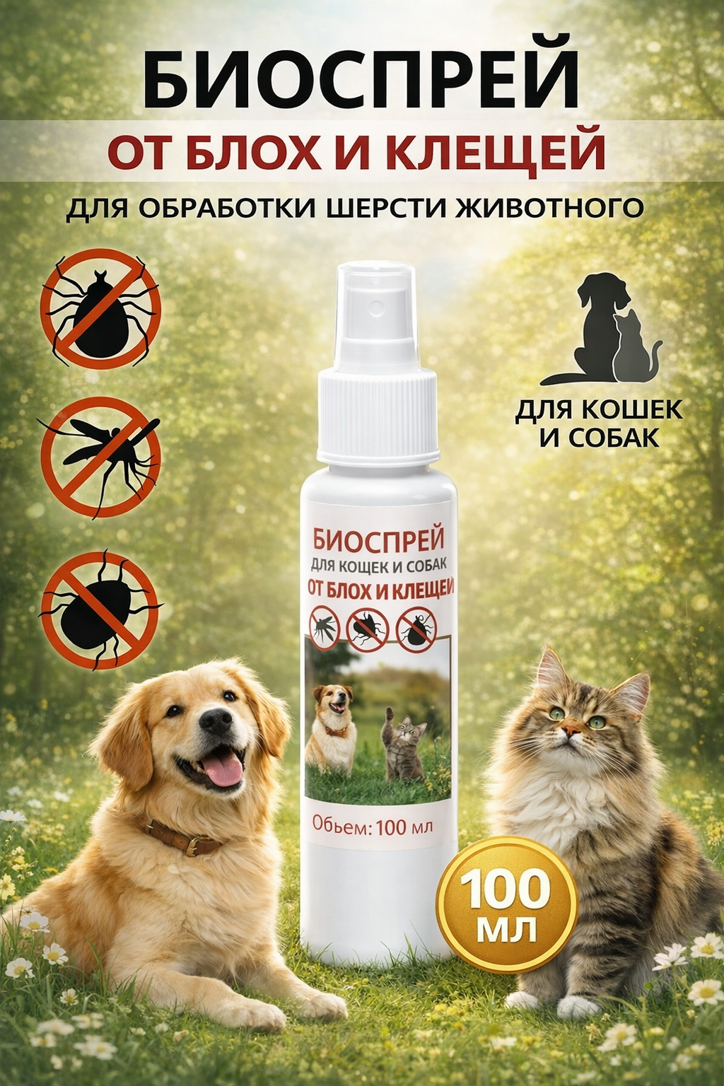 Спрей от блох для кошек и собак антипаразитарный для обработки шерсти