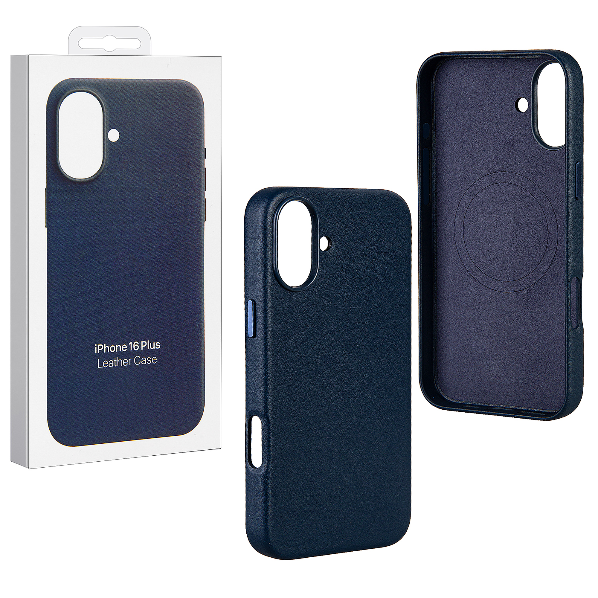 Чехол кожаный для iPhone 16 Plus Leather Case Blue, анимация NFC, поддержка беспроводной зарядки, синий