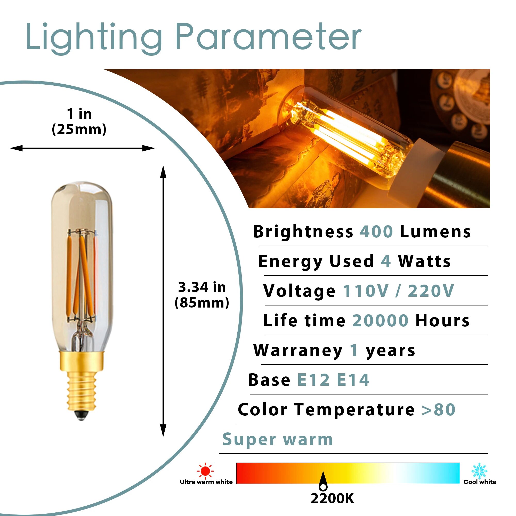 GANRILAND Светодиодная лампочка E14 золотистого цвета T25G 4W 2200K, E14 220V-240V