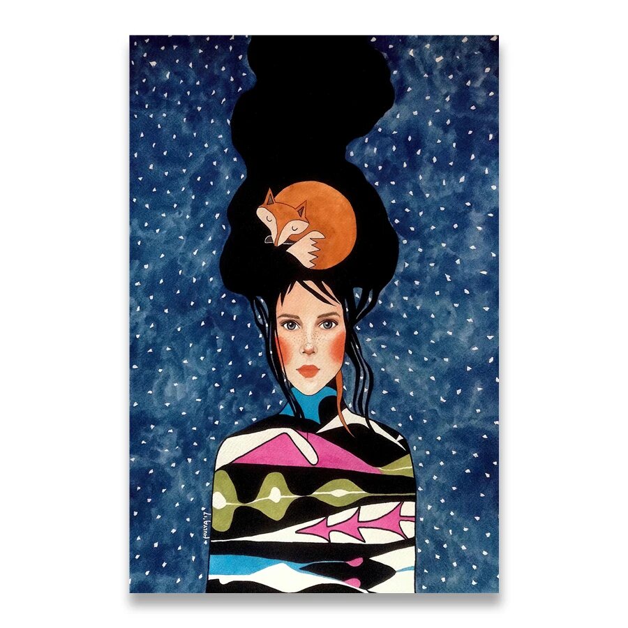 Живопись на холсте "Девушка с лисой", 40x60см, Черный