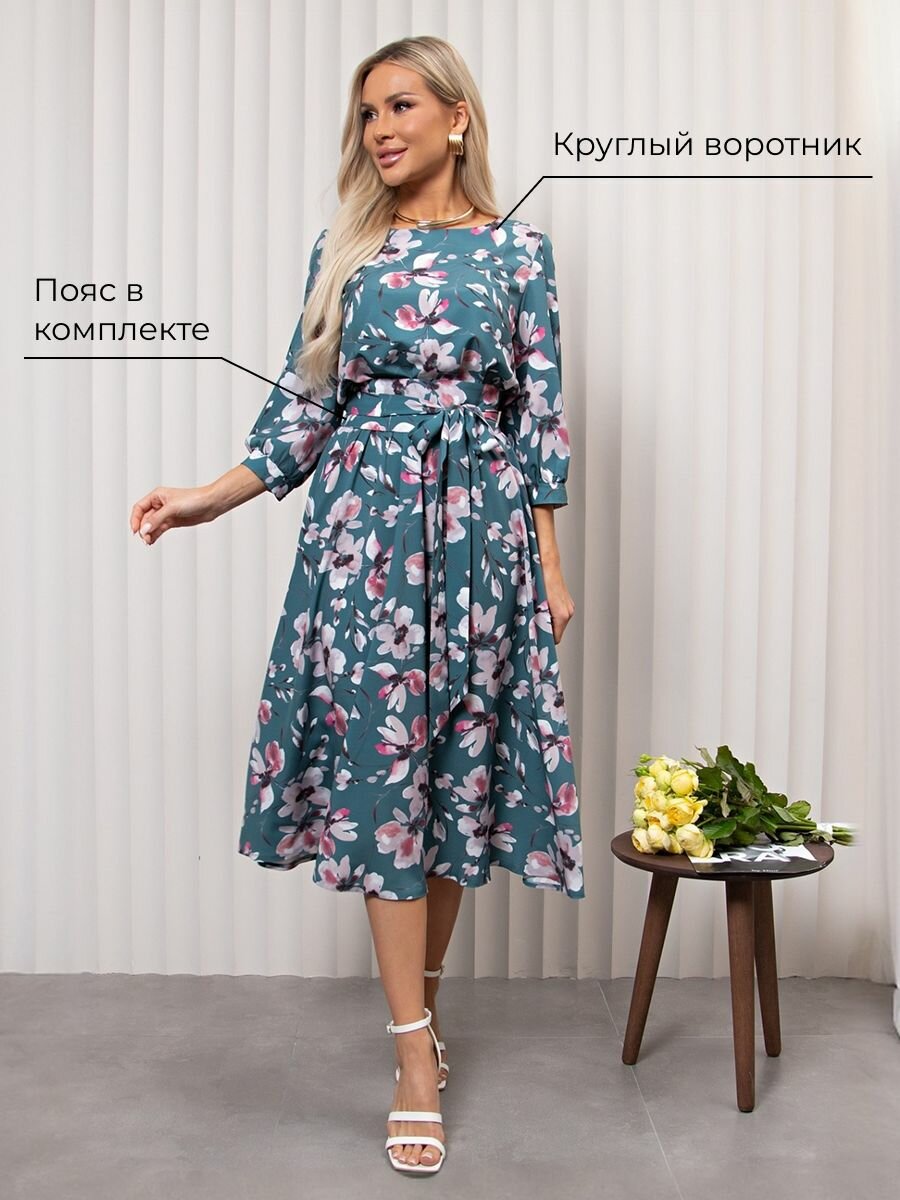 Платье Valentina. DRESSES Базовая коллекция, размер 46, зеленый/цветы — фото 1