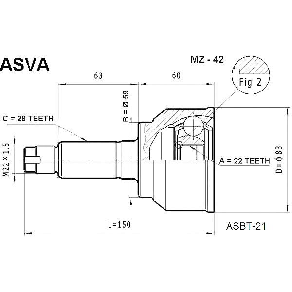 ASVA MZ-42 (FG0225500D / FG0225500E / FG0225600D) шрус наружный 22x58.6x28