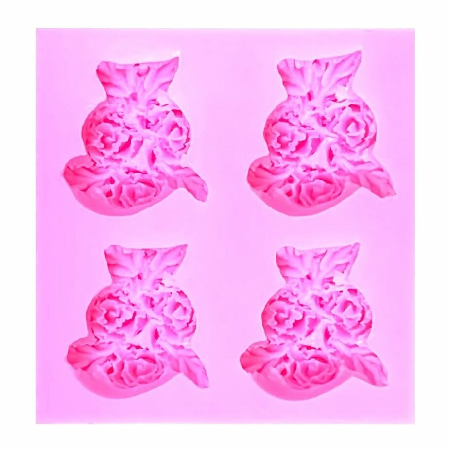 Форма для кондитерского литья "Розы", силиконовая, розовая, 4 фигурки на форме