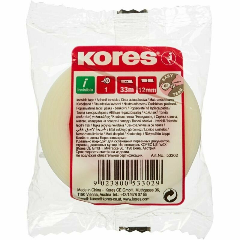 Kores Клейкая лента канцелярская 12 мм х 33 м невидимая