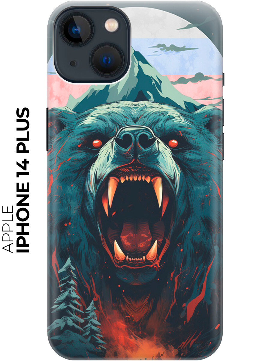 Силиконовый чехол на Apple iPhone 14 Plus / Эпл Айфон 14 Плюс с рисунком "Медведь и флаг России"