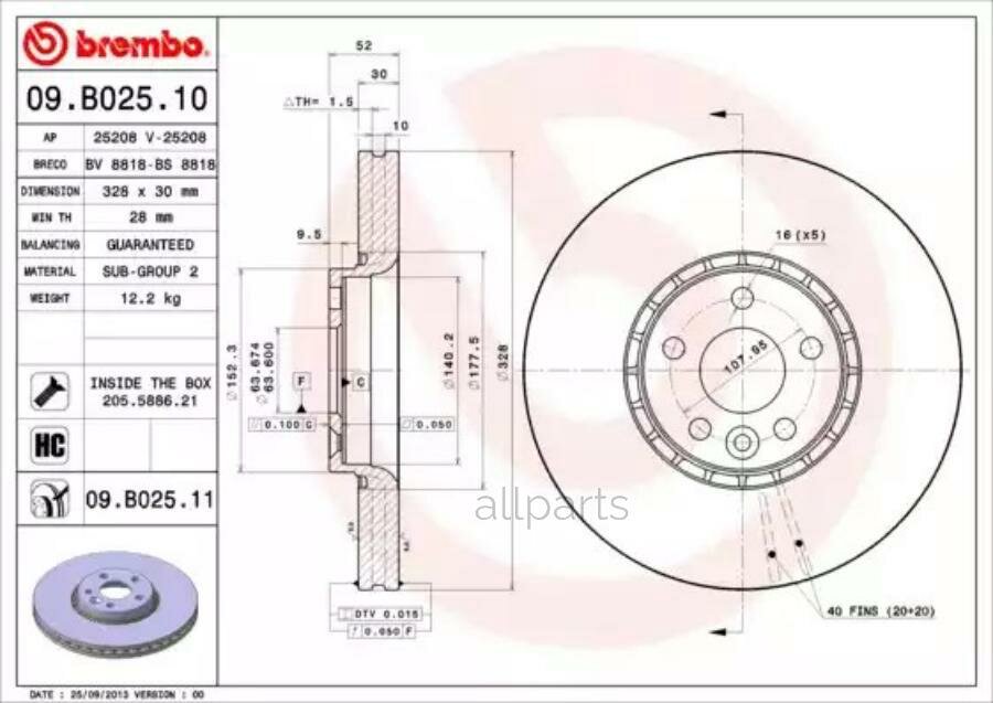 BREMBO 09. B025.11 Диск тормозной передний VOLVO XC60 ALL 08-> /VENT. D=328MM BREMBO 09. B025.11