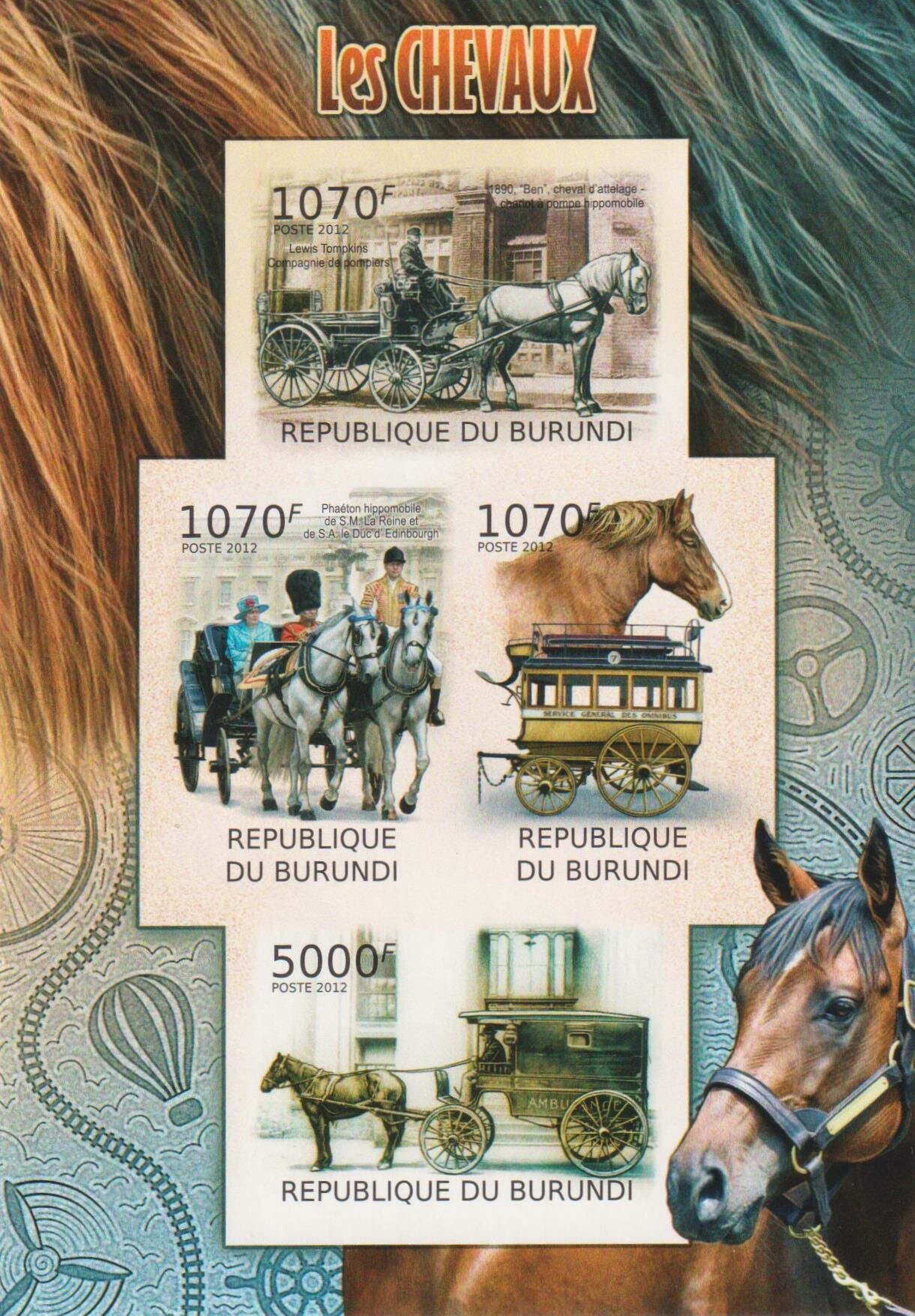 Почтовые марки Бурунди 2012г. "Лошади за работой" Лошади, Повозки MNH