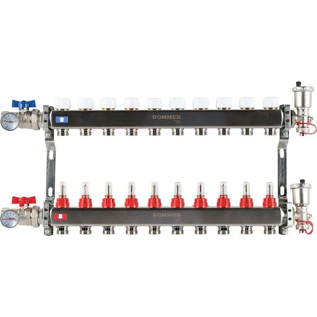 Коллектор для теплого пола ROMMER RMS-1210-000010 из нержавеющей стали в сборе с расходомерами 10 вых.