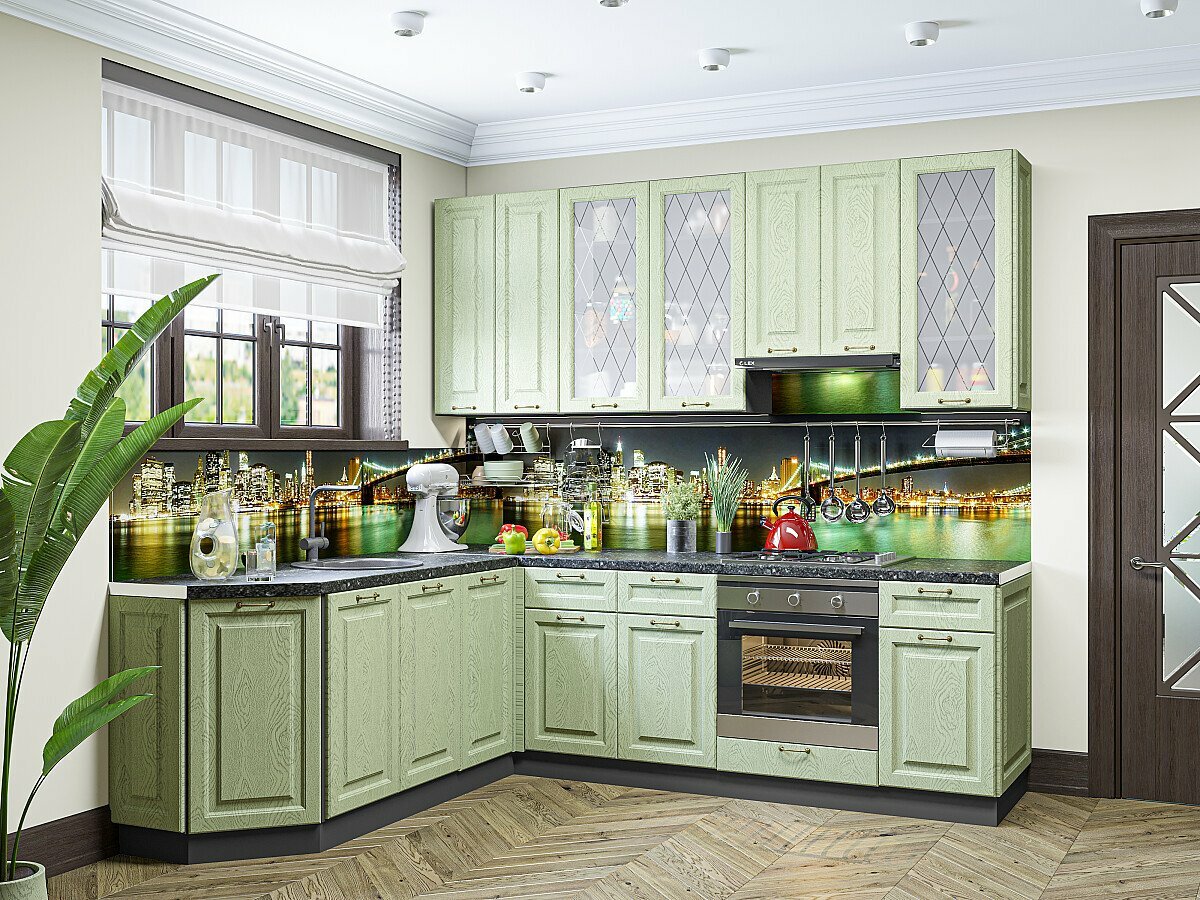 Кухня Ницца-03, цвет фасада Дуб оливковый, цвет каркаса Graphite, 2340*1890/2400*600 мм