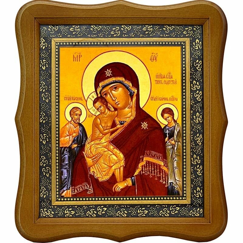 Икона Божьей Матери "Трех Радостей" на холсте. (17 х 21 см / В деревянном киоте под стеклом).